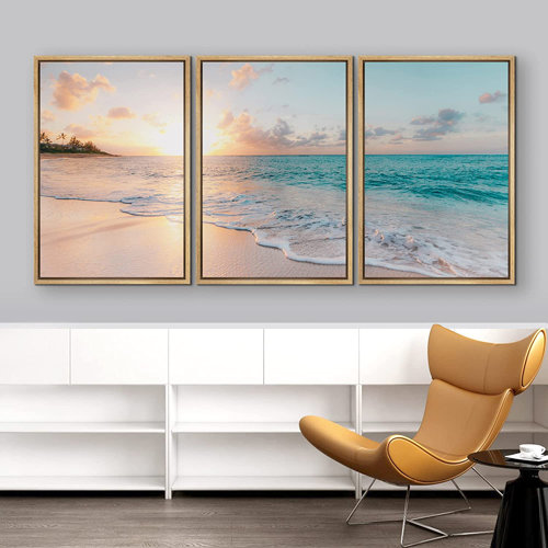 IDEA4WALL Aesthetic Sunset on Teal Ocean Coastal Beach Shore Framed Canvas 3 Pieces Print ...